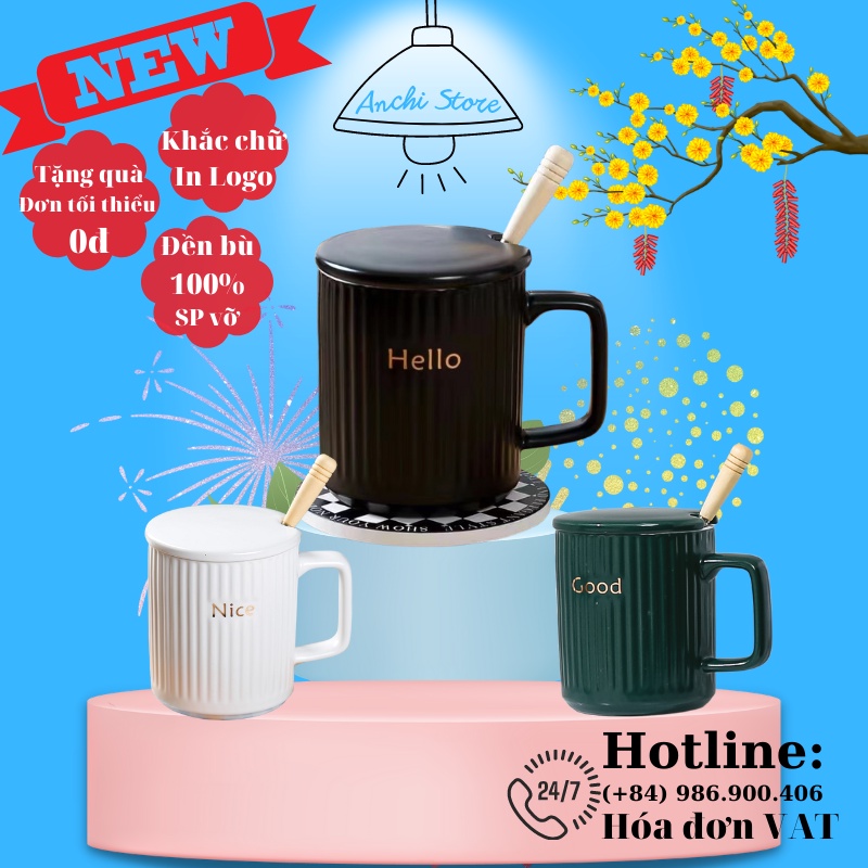 Cốc Sứ, Cốc Cà Phê HELLO, NICE, GOOD Có Nắp và thìa 450ml sang trọng ...