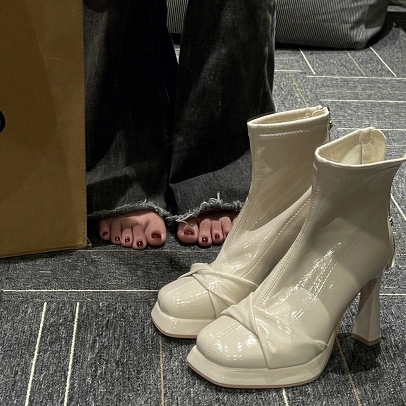 Mua boot nữ giày nữ boot cao cổ Giày Bốt Cao Gót Mũi Vuông Bằng Da Bóng ...