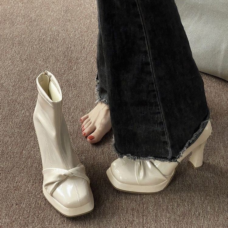 Mua boot nữ giày nữ boot cao cổ Giày Bốt Cao Gót Mũi Vuông Bằng Da Bóng ...