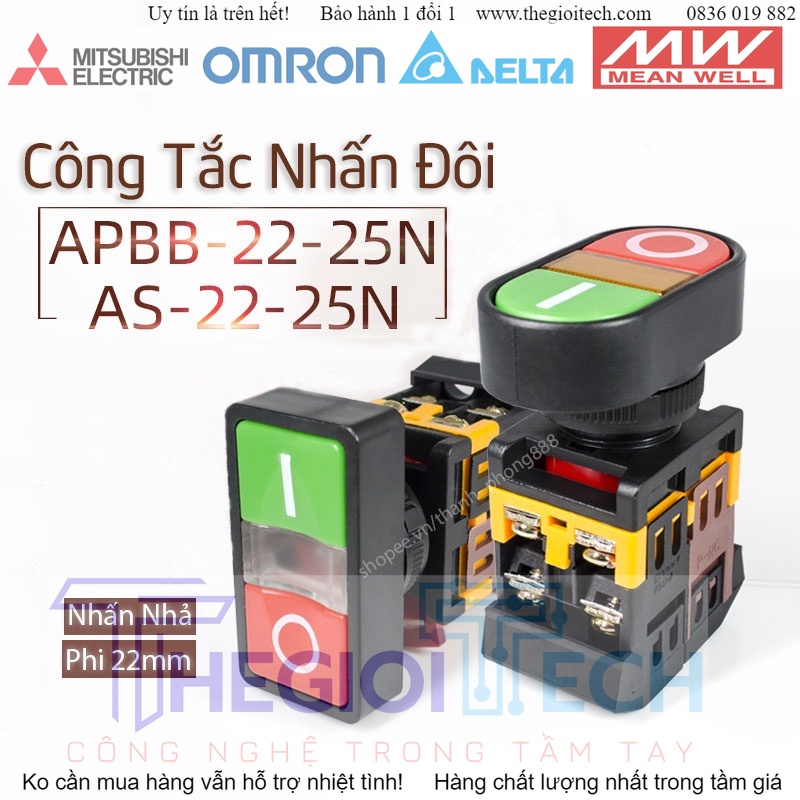 Công Tắc Nhấn Đôi APBB-AS-22&25N On-Off Có Đèn 220VAC - APBB-22N (Tròn)