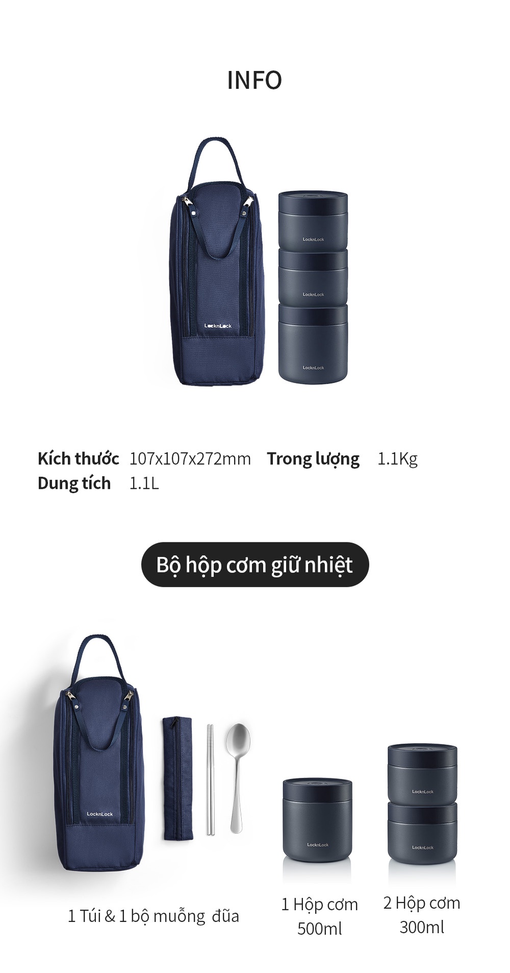 Bộ hộp cơm giữ nhiệt Lock&Lock Pump Vacuum Lunch Box (300ml*2, 500ml*1 ...