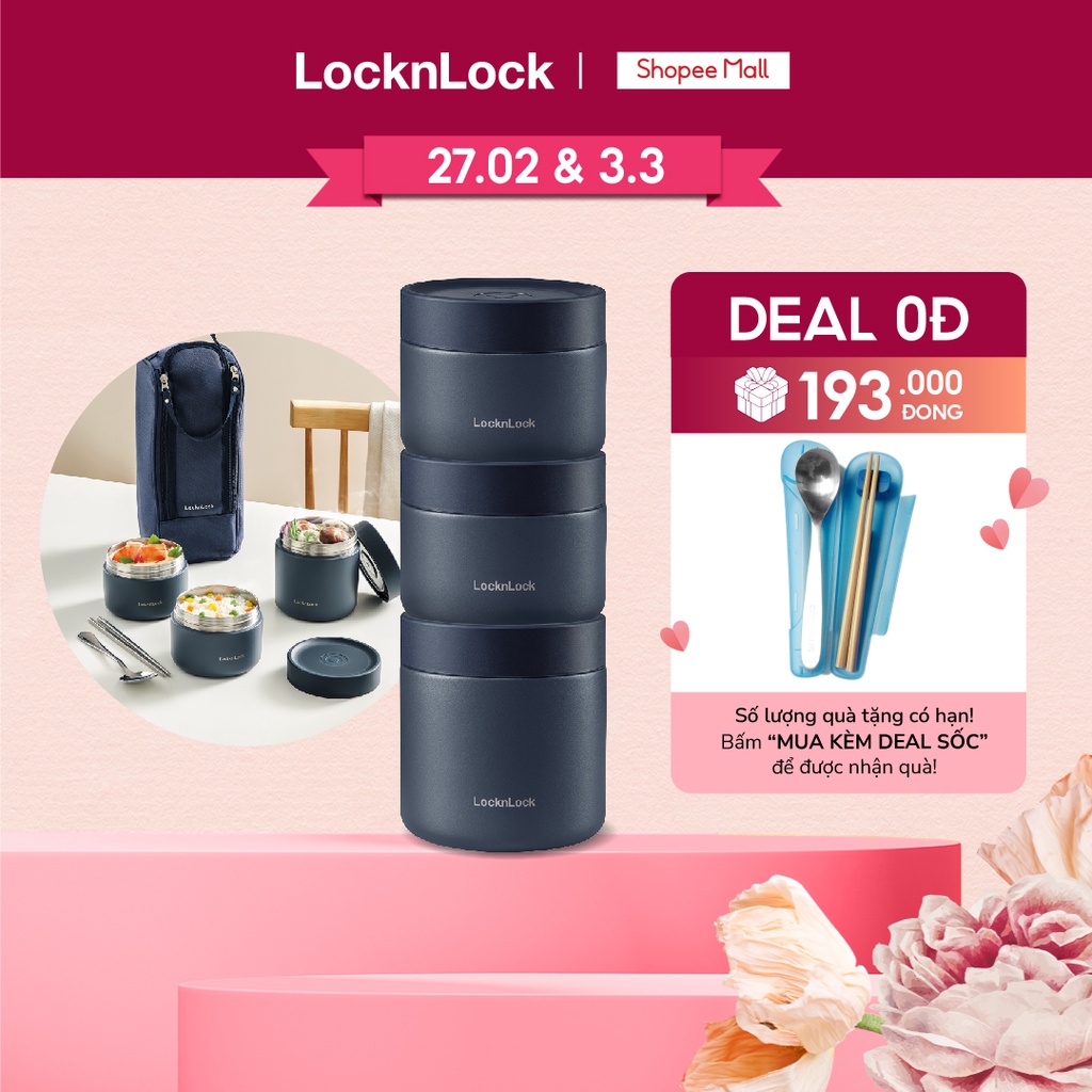 Bộ hộp cơm giữ nhiệt Lock&Lock Pump Vacuum Lunch Box (300ml*2, 500ml*1, bộ đũa và thìa, túi ...