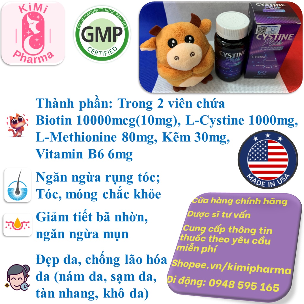 Viên mọc tóc Cystine Plus có Biotin 10000mcg,L-cystine 1000mg ngăn ngừa ...