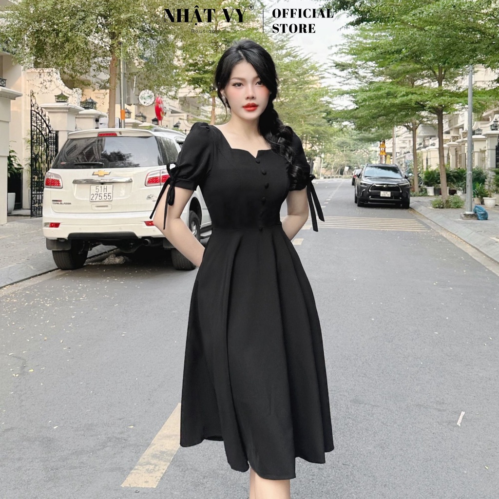 Mua Đầm Váy Thiết Kế NHẬT VY Cổ Vuông Phối Cúc Thắt Nơ Chất Cotton Chất ...