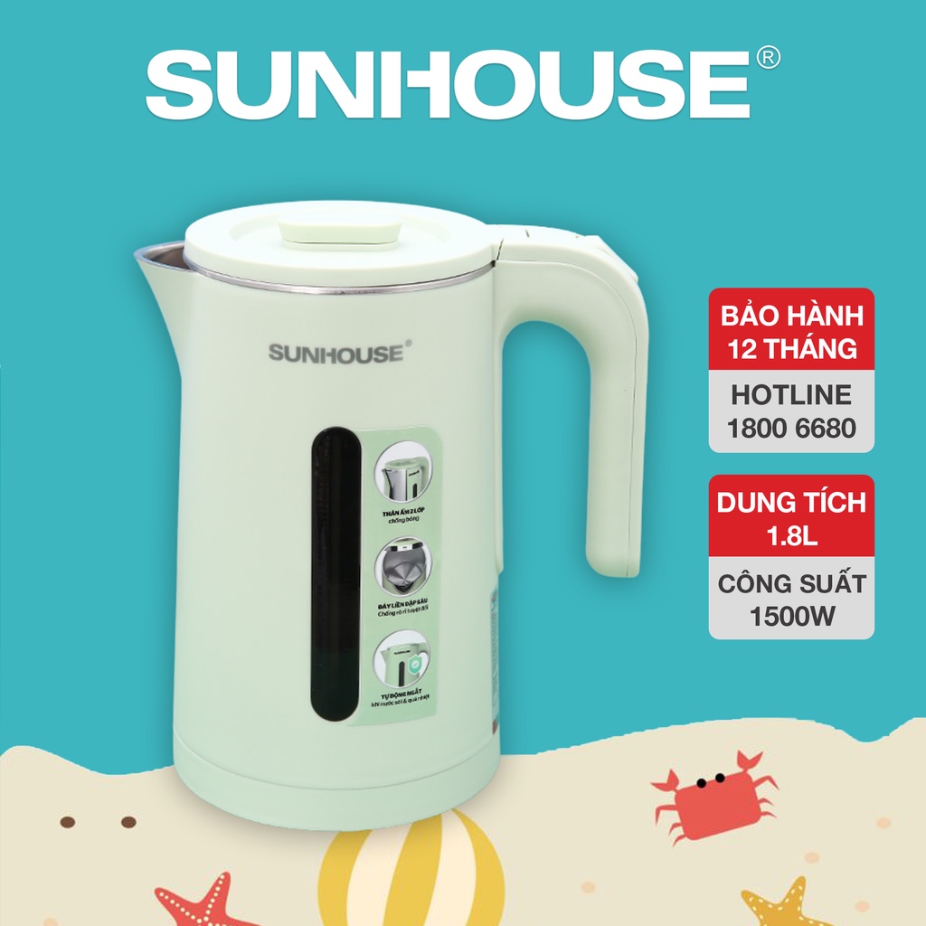 Ấm Điện Đun Nước Siêu Tốc sunhouse SHD1353 SHD1351 innox 2 lớp 1.8L ...