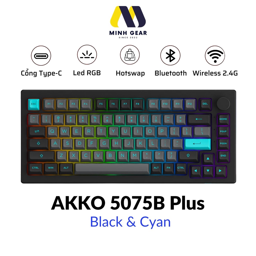 Bàn phím cơ AKKO 5075B Plus Black & Cyan - Hàng Chính Hãng | Kit Buy