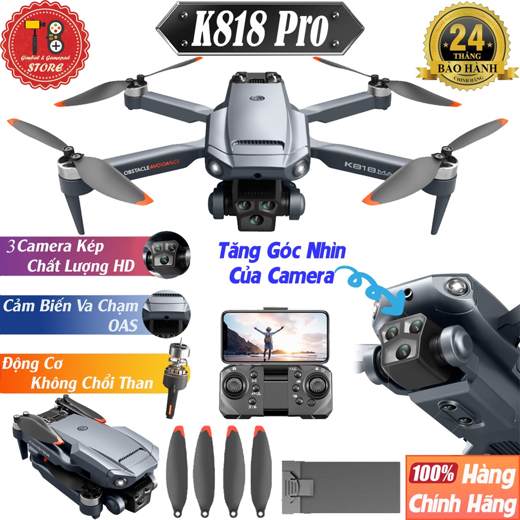 Flycam mini K818 động cơ không chổi than - 3 camera quay phim chụp ảnh ...