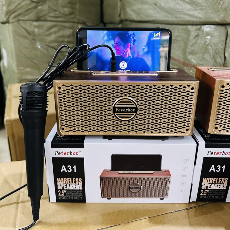 Loa bluetooth karaoke mini A31 vỏ gỗ công suất lớn Tặng kèm mic hát âm ...