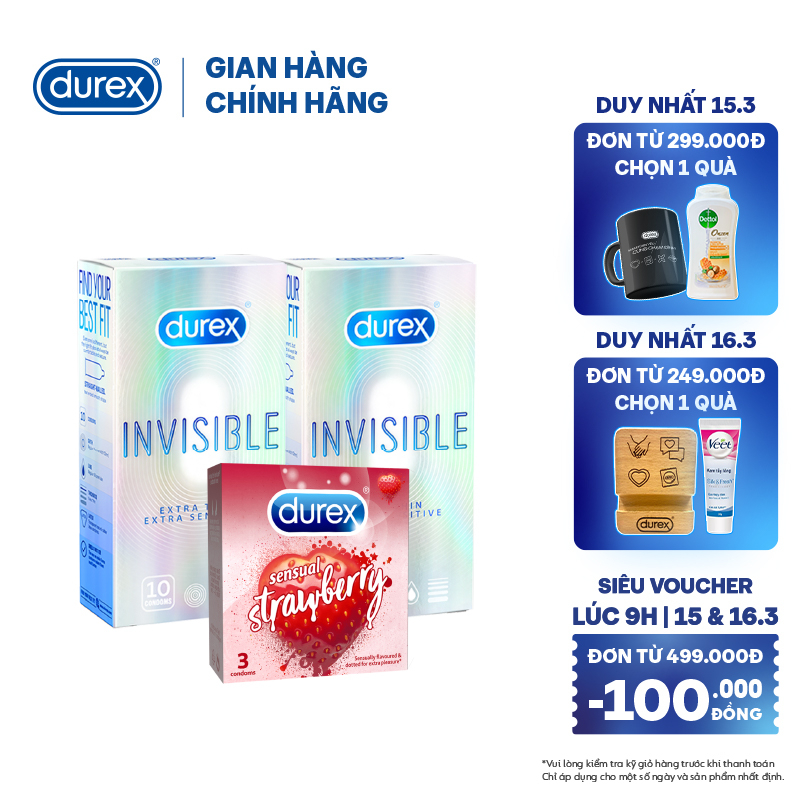 Bộ 2 hộp bao cao su Durex Invisible siêu mỏng (52mm, hộp 10 bao)+ 1 ...