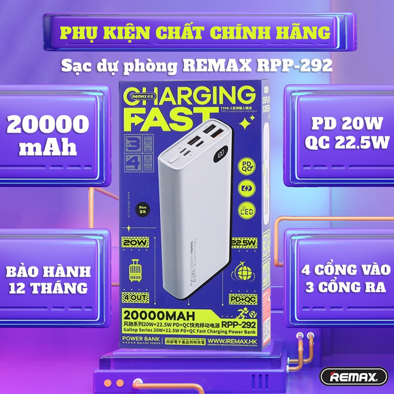 Mua Sạc dự phòng 20000mAh, pin dự phòng Remax RPP-292 sạc nhanh QC 22.5W + PD 20W - tích hợp 4 ...