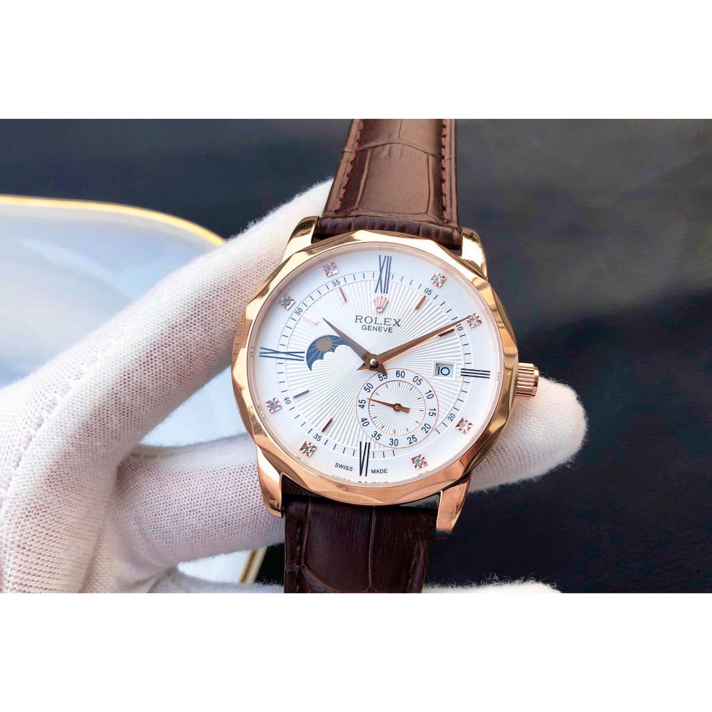 Mua Đồng Hồ Cơ Nam Rolex Sun Moon Automatic Kim Cương Dây Da Lịch Ngày ...