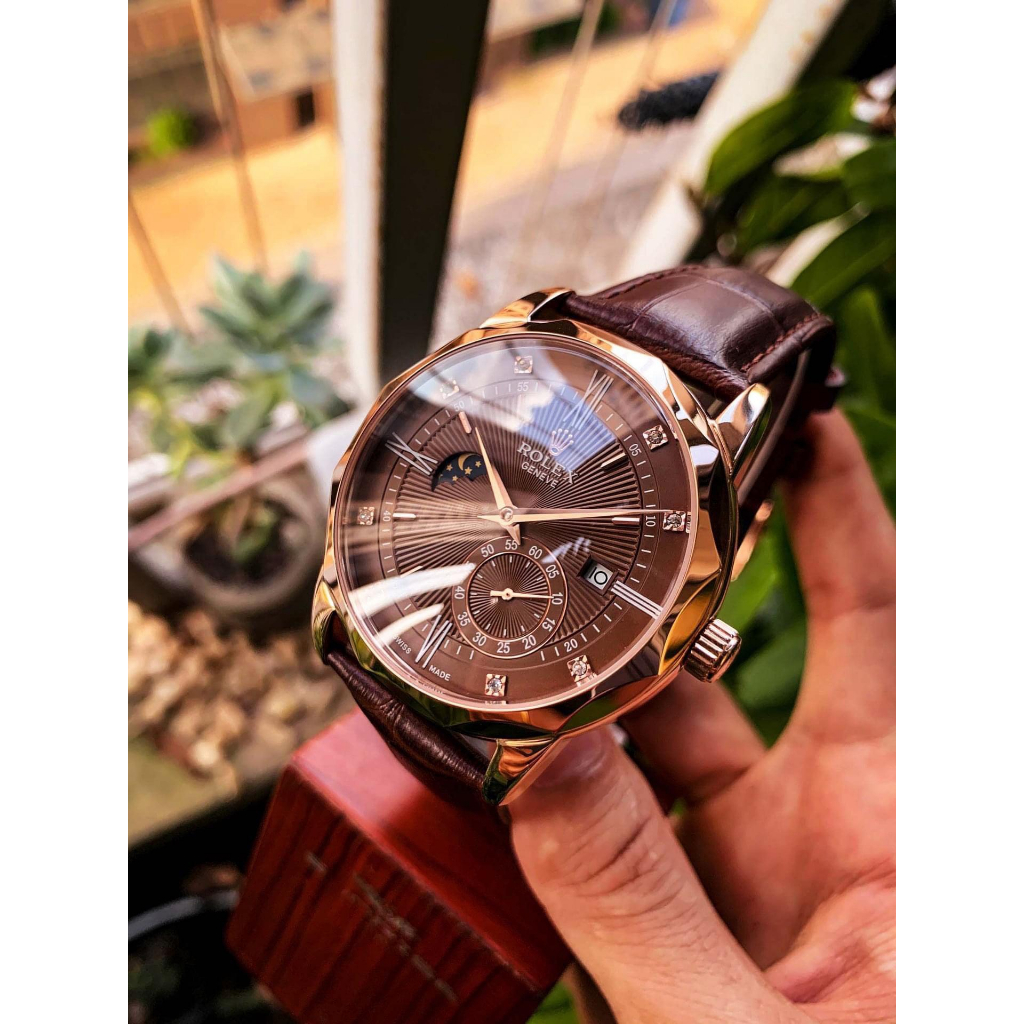 Mua Đồng Hồ Cơ Nam Rolex Sun Moon Automatic Kim Cương Dây Da Lịch Ngày ...