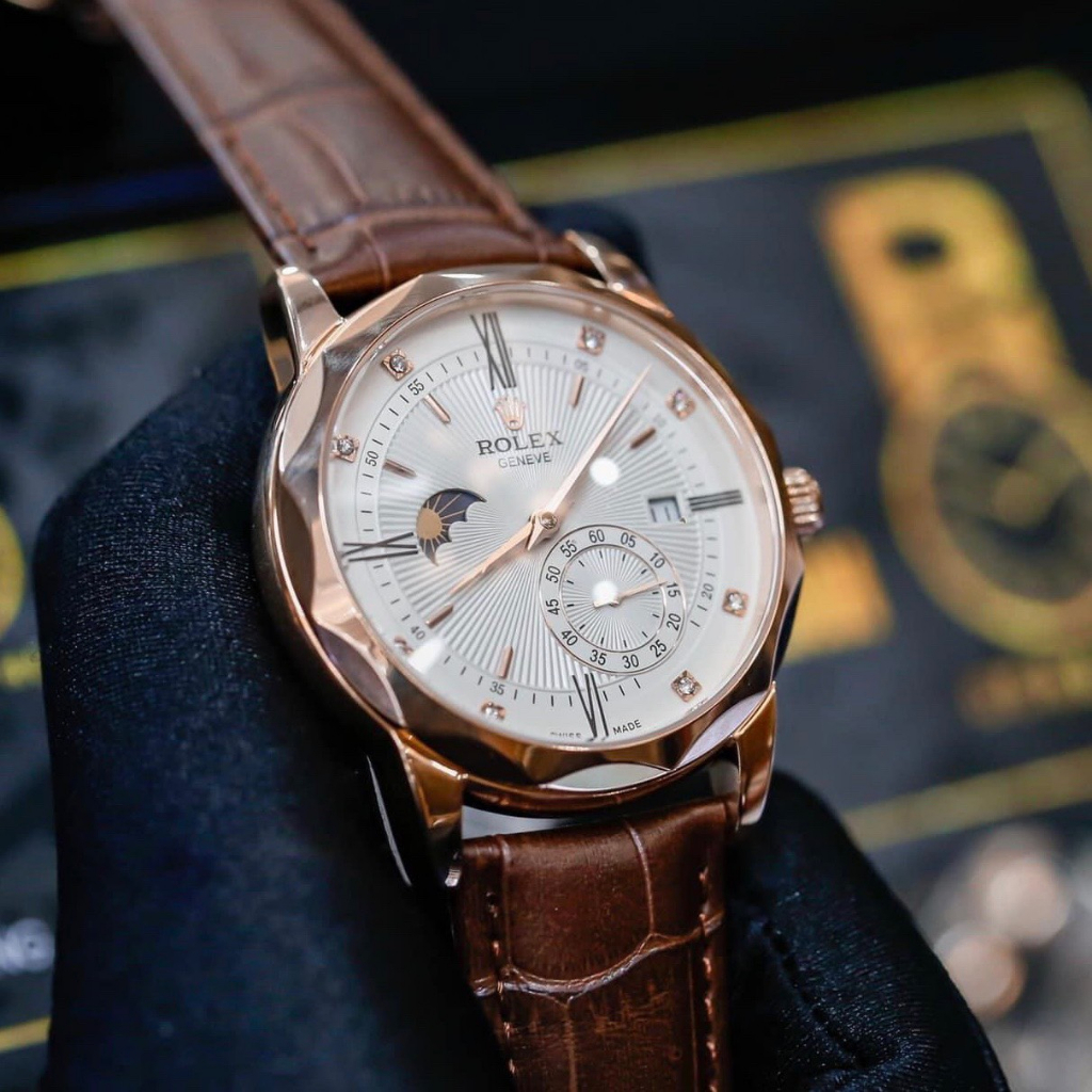 Mua Đồng Hồ Cơ Nam Rolex Sun Moon Automatic Kim Cương Dây Da Lịch Ngày ...