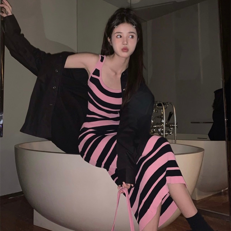 Mua Váy liền dệt kim Black Pink mongtoghi đầm hai dây dáng dài sọc ...