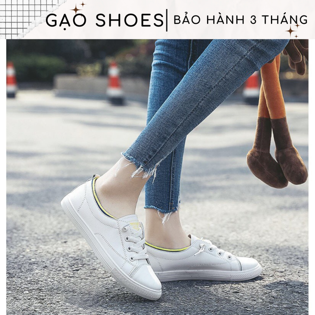 Giày Thể Thao Nữ Basic Phối Viền Chun Giày Nữ Trắng Viền Vàng Da Mềm ...