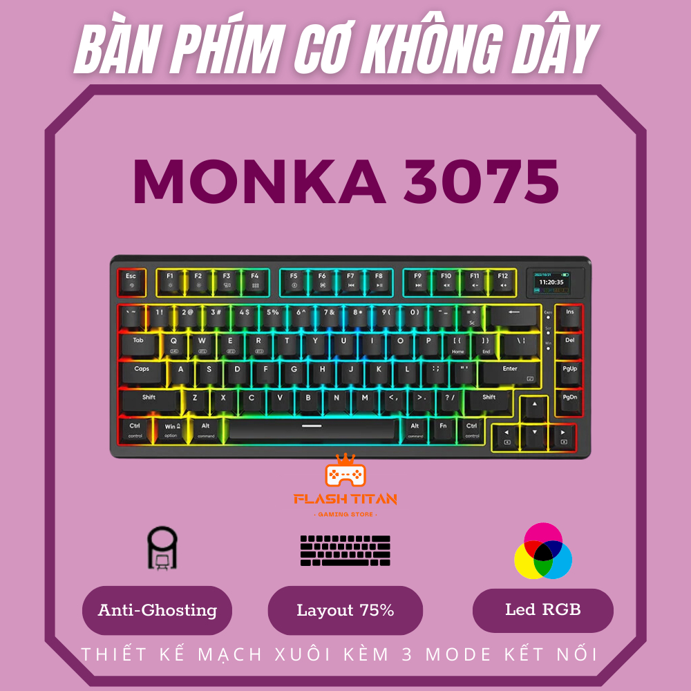Bàn phím cơ không dây MONKA 3075 pro - Red Switch - Mạch xuôi - Led RGB ...