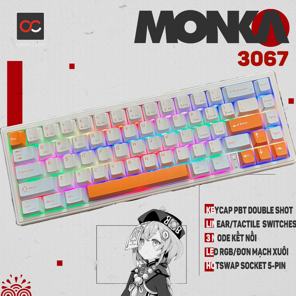 Bàn phím cơ không dây mạch xuôi led rgb MONKA 3067 không dây ...