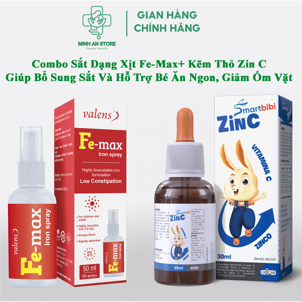 Combo Sắt Dạng Xịt Fe Max- Kẽm Hữu Cơ Smartbibi ZinC Bổ Sung Sắt Kẽm ...