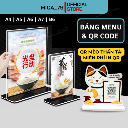 Mua Bảng menu mica đủ kích thước A4, A5, A6, A7,B6 hỗ trợ in mã Qr code ...