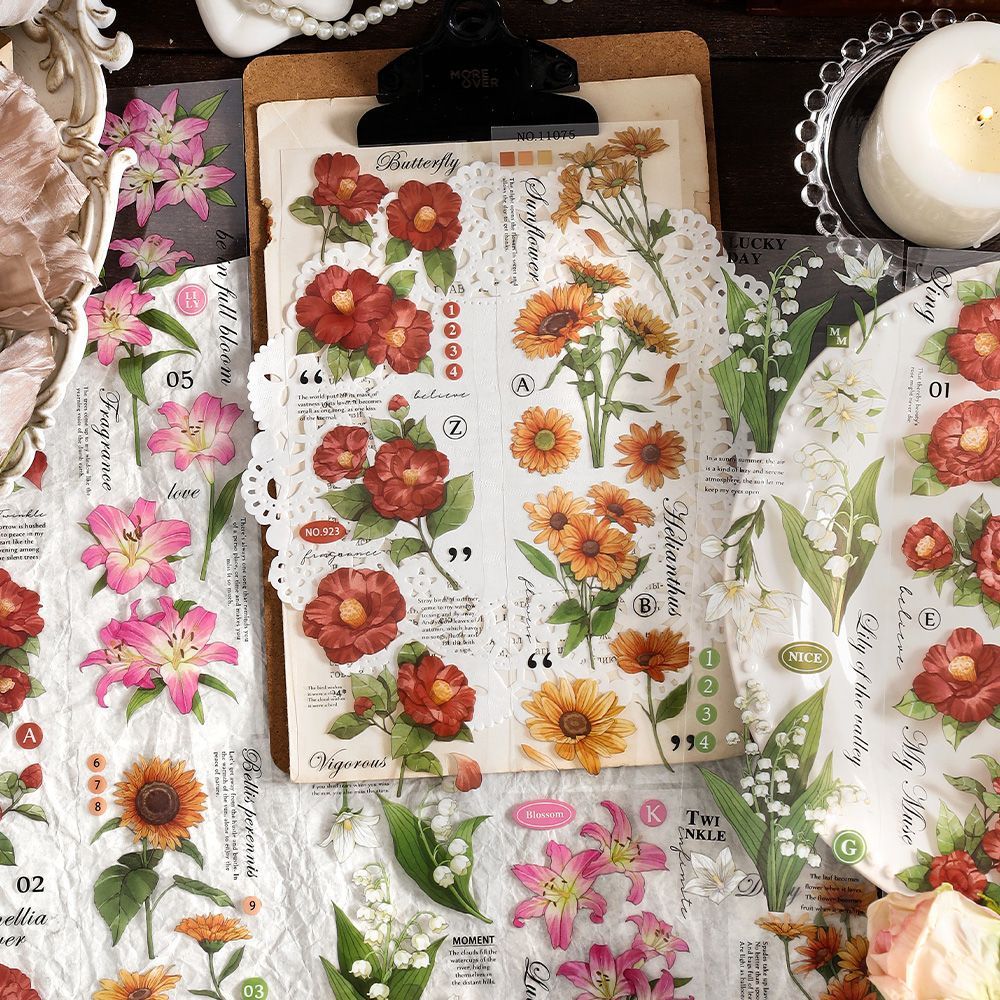 Set 3 tấm sticker trong suốt PRETTY FLOWER HOA LINH LAN CÚC TRÀ CỎ THƯ ...