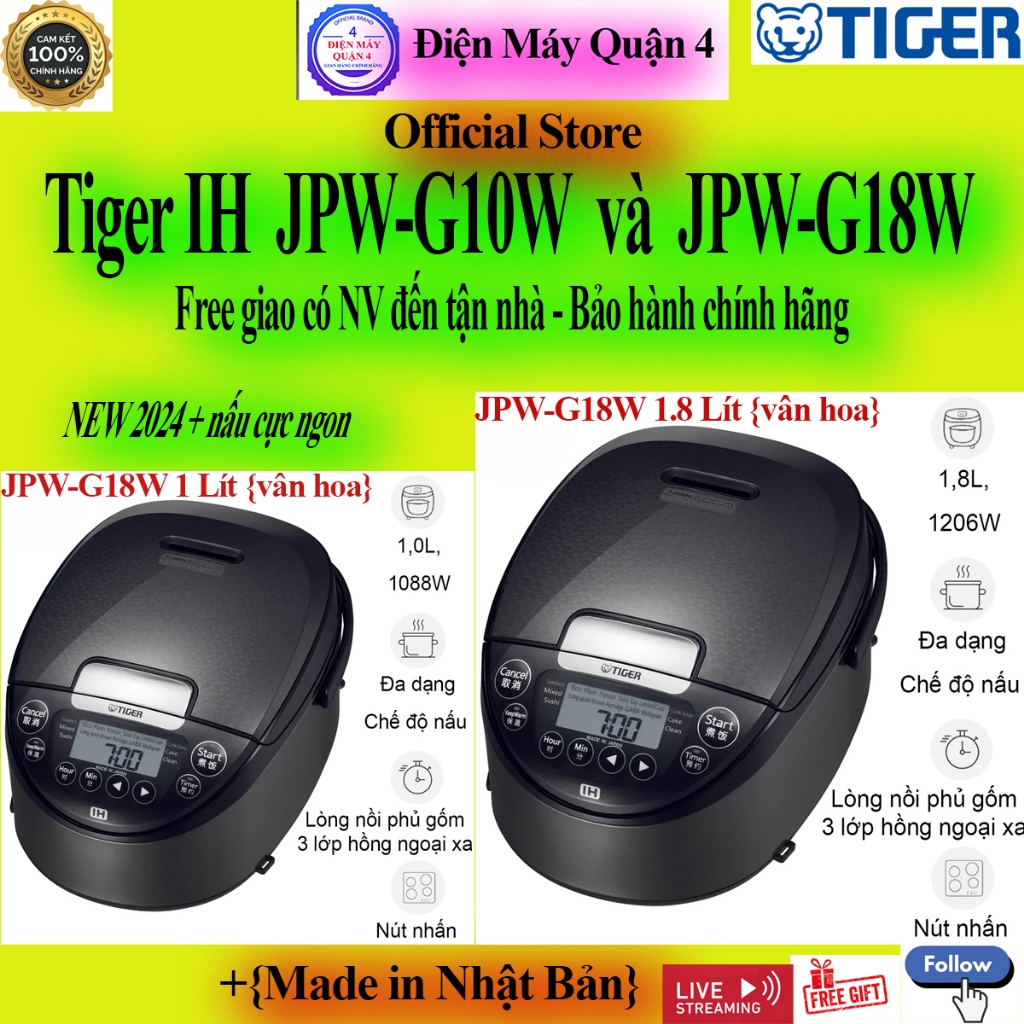 Nồi cơm điện cao tần Tiger JPW-G18W-HD, Dung tích 1.8L, Màu đen nhám ...