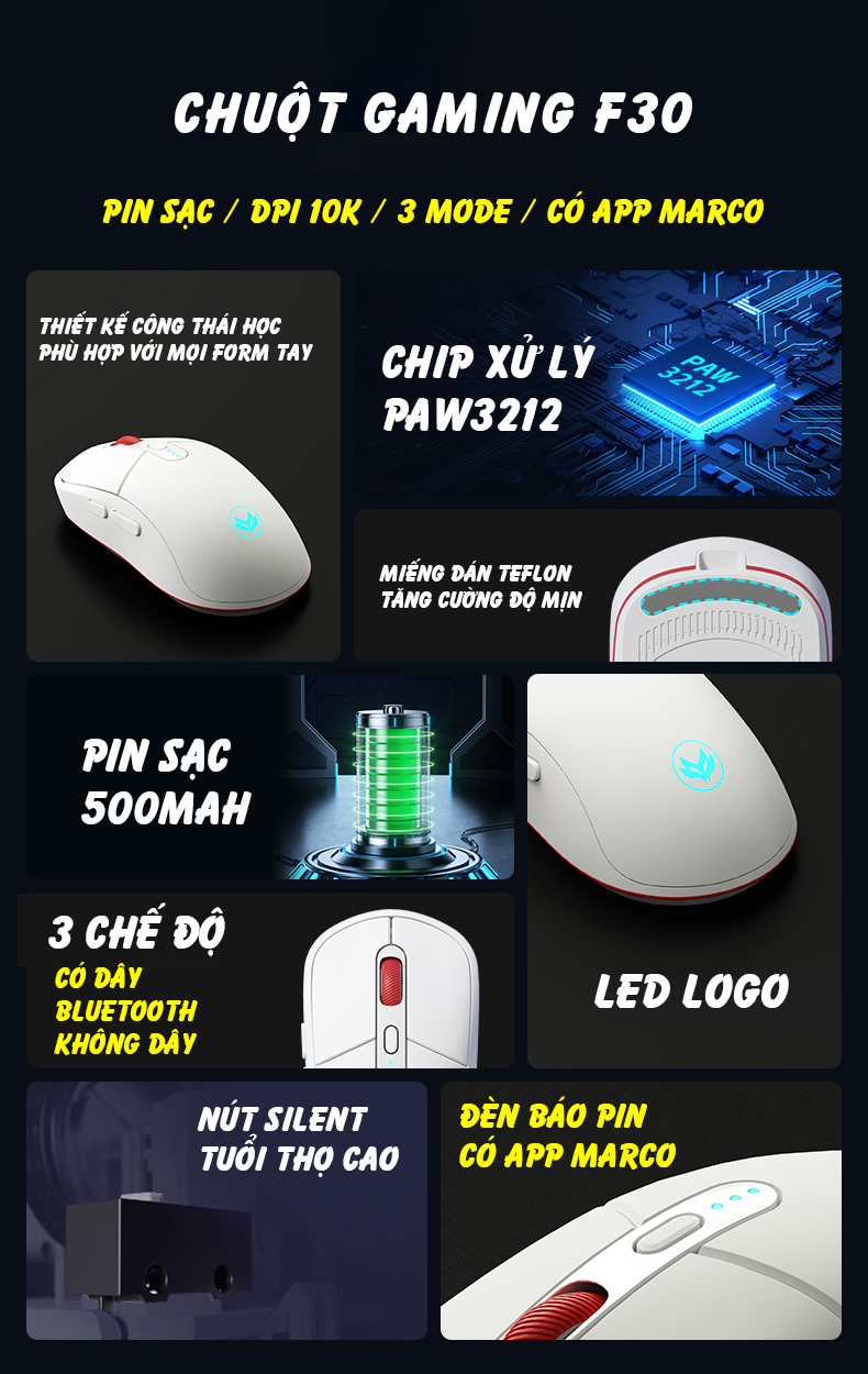 Chuột Silent Gaming Atas F30 Không dây Bluetooth - 3 MODE