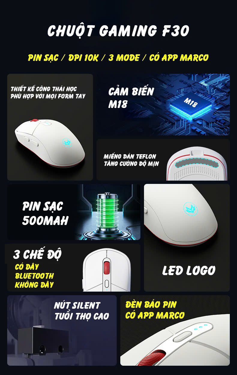 Chuột Silent Gaming Atas F30 Không dây Bluetooth - 3 MODE