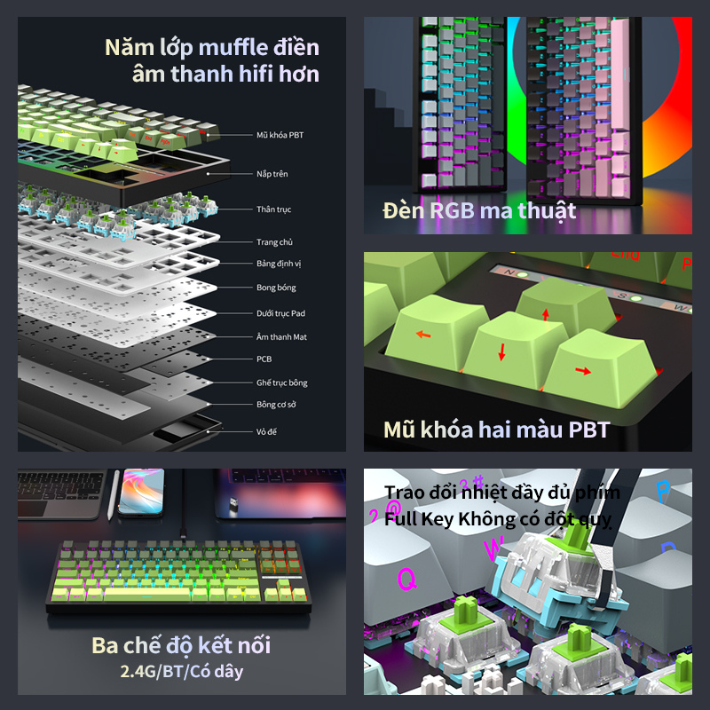 Bàn phím cơ không dây Leaven K88 - 3 mode kết nối - Led RGB