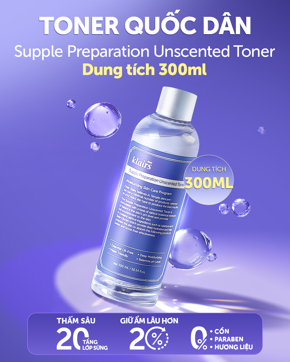 Nước hoa hồng Dear, Klairs Supple Preparation Unscented Toner 300ml - KLAIRS VIỆT NAM